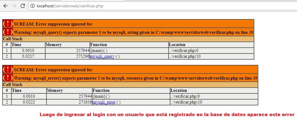 Aparece un mensaje de error al momento de verificar el usuario y su contraseña estoy utilizando ...
